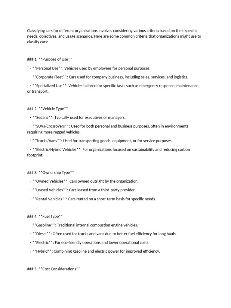 Classifying Cars For Different Organizations Involves Considering ...