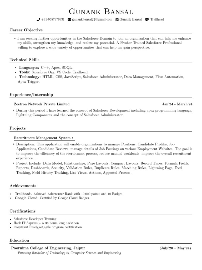 Salesforce Developer Resume of Gunank Bansal | PDF