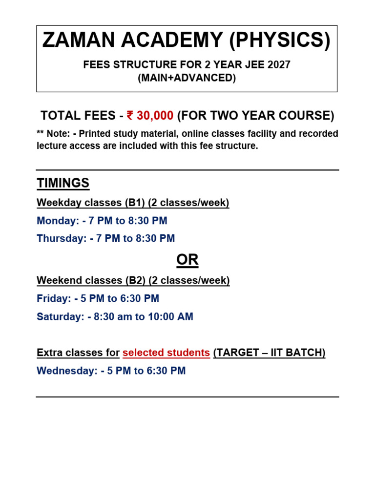 JEE Mains 2025 Fee Structure at Zaman | PDF