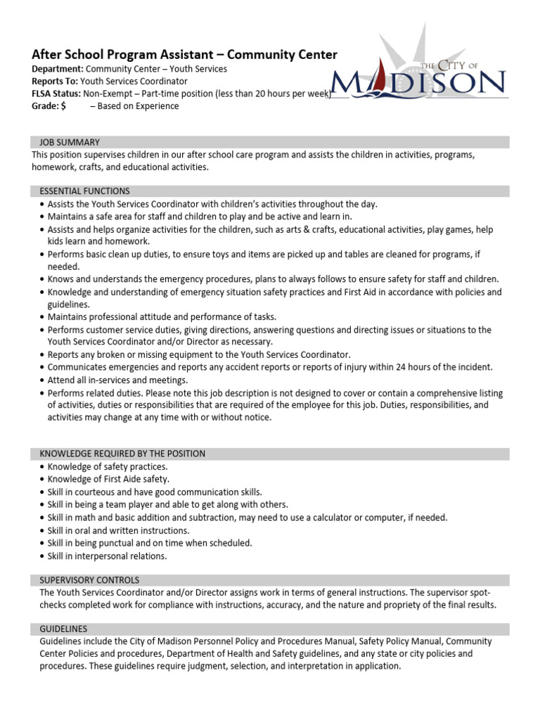 After School Program Assistant - PT 2024 PDF | PDF