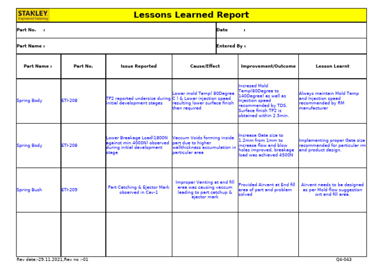 Lesson Learned Report (Q4-043) | PDF | Industrial Processes