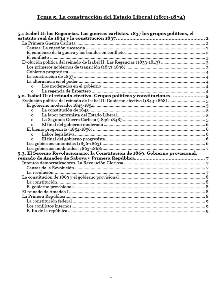 Tema 5. La Construcción Del Estado Liberal (1833-1874) | PDF | España | Gobierno de españa