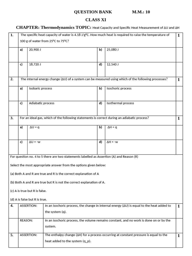 QUESTION BANK TOPIC Specific Heat and Mesurment of H and U | PDF | Heat ...