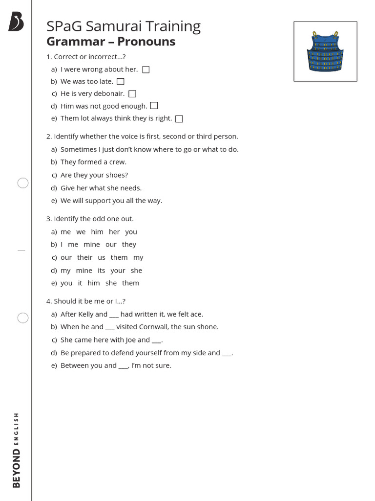 Pronouns Training: SPaG Samurai Guide | PDF