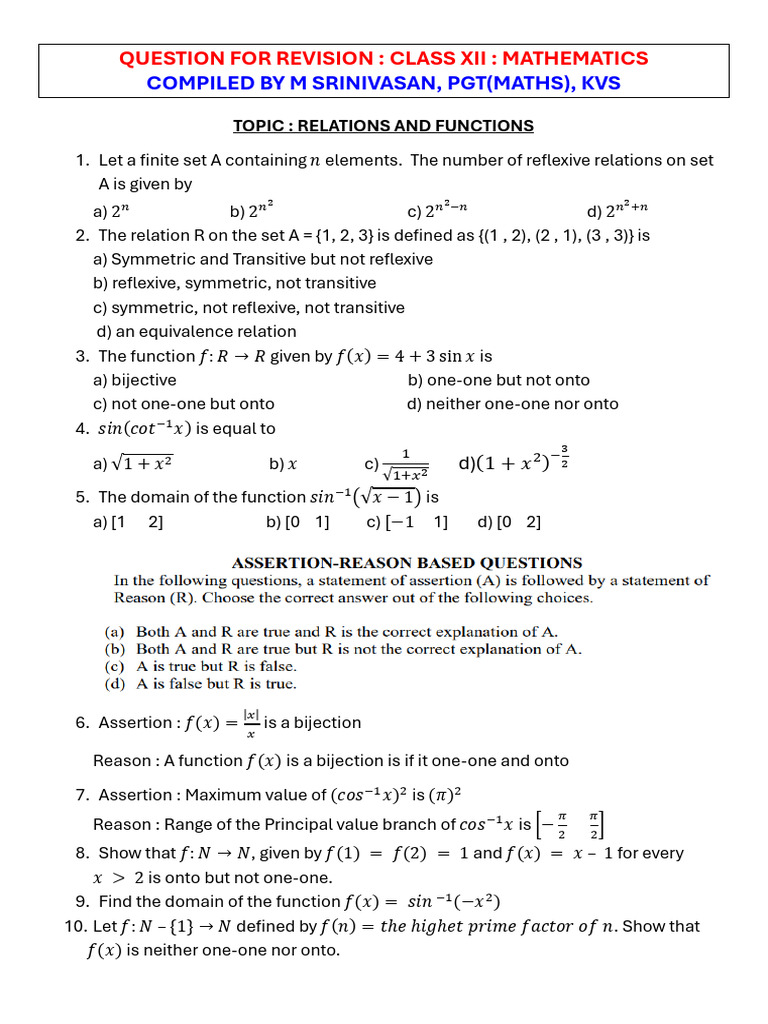 Revision Questions - Relations and Functions | PDF | Function ...