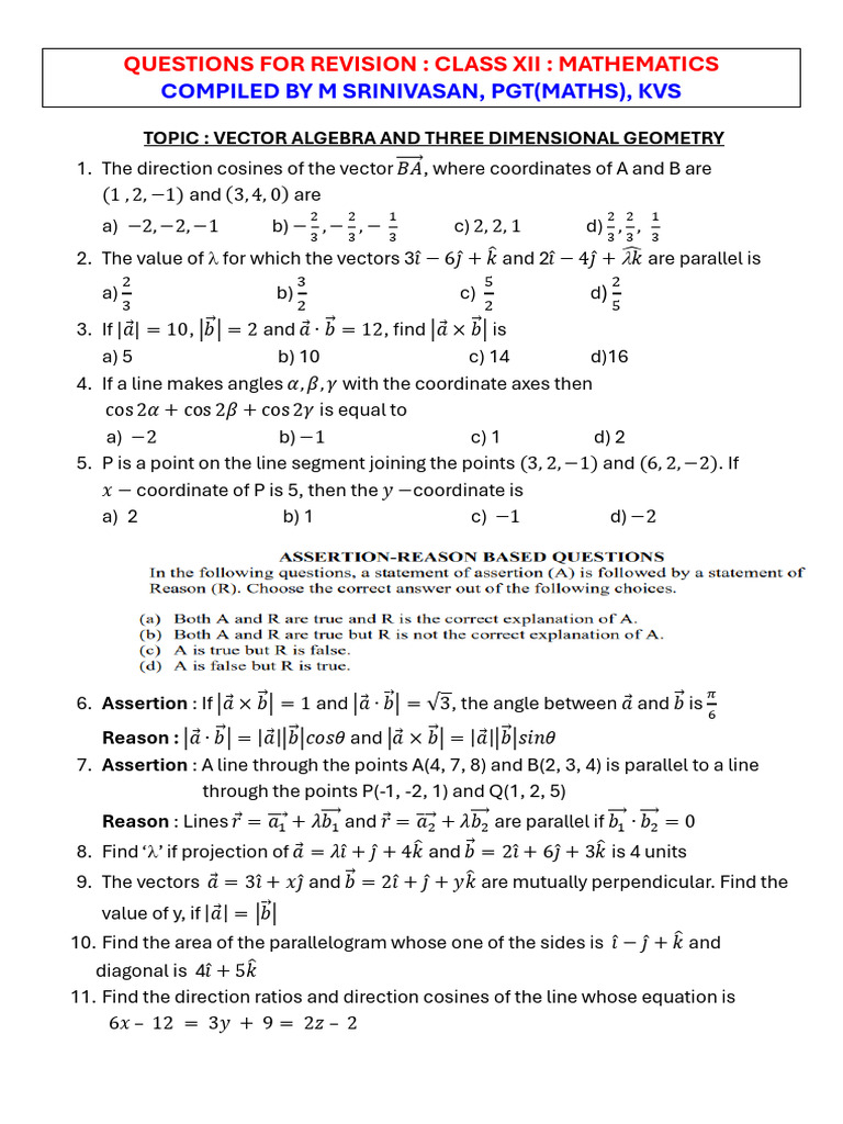 Class XII Vector Algebra Revision Questions | PDF | Euclidean Vector | Mathematical Objects