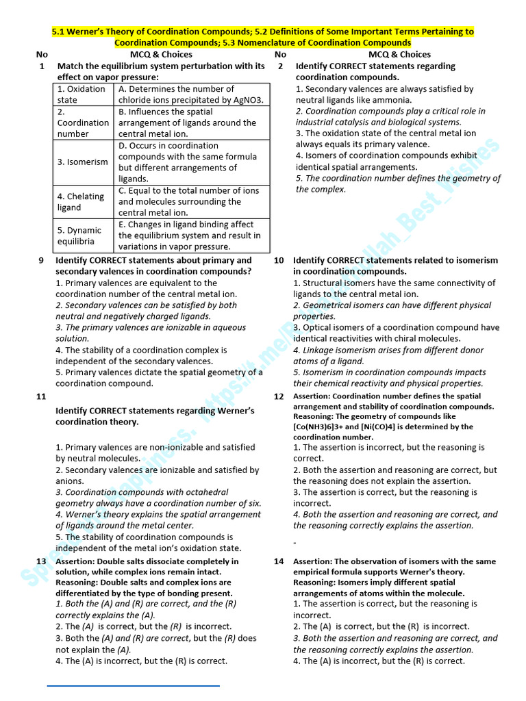 48 MCQs Werner's Theory, Definitions, Nomenclature, Formula Writing ...