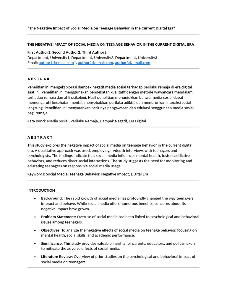 The Negative Impact of Social Media on Teenage Behavior in the Current ... The Negative Impact of Social Media on Teenage Behavior in the Current ...