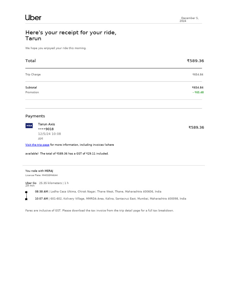 Uber Ride Receipt for Tarun - Dec 2024 | PDF
