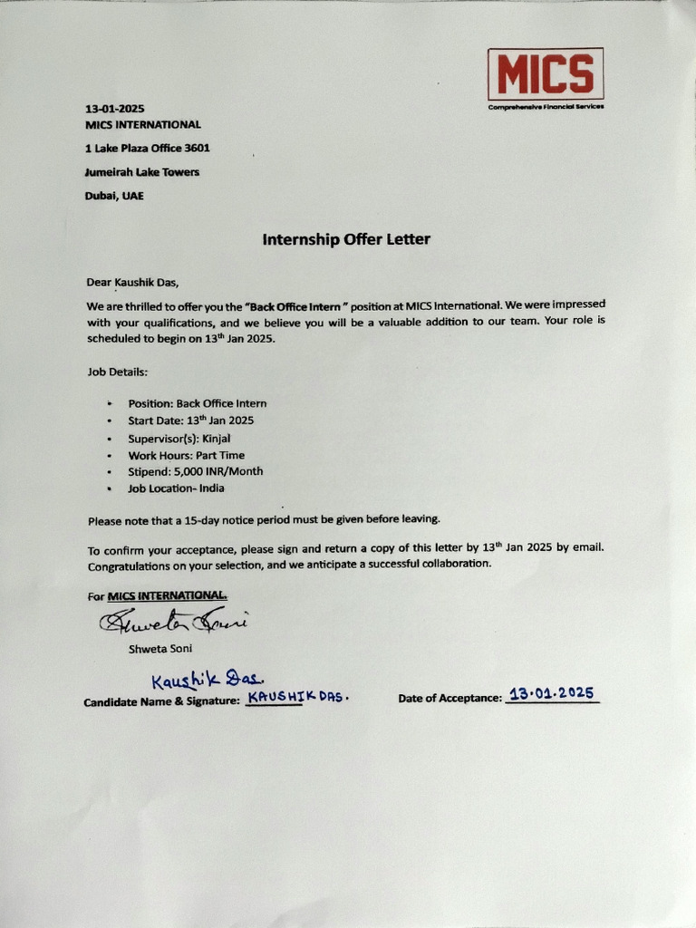 MICS International Offer Letter | PDF