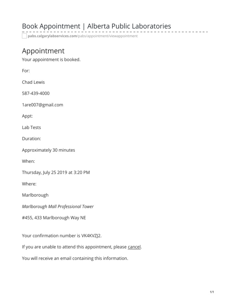 Lab Appointment Confirmation Alberta | PDF