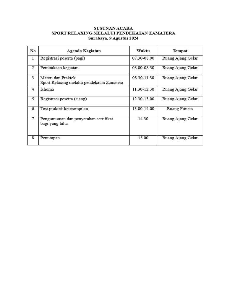 Susunan Acara Pelatihan Sport Relaxing Zamatera | PDF