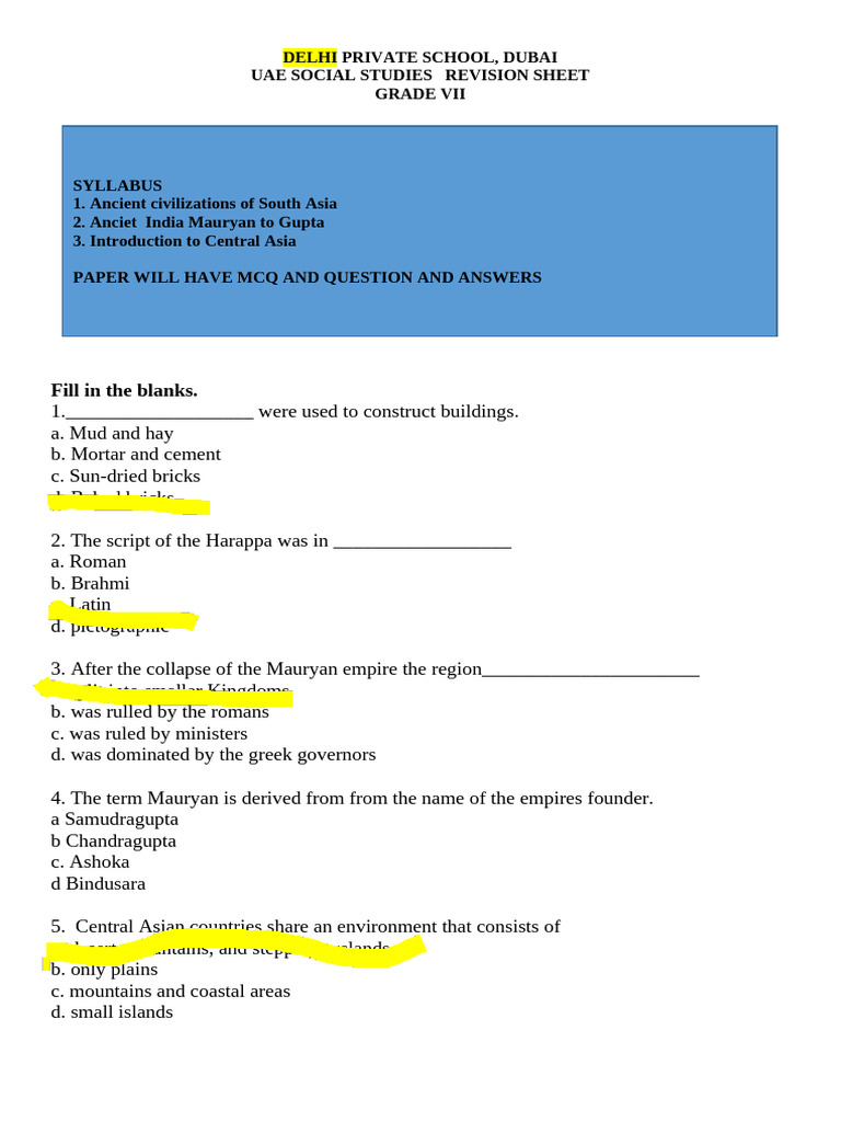 Uae SST - Ut 2 Revision Sheet | PDF | South Asia
