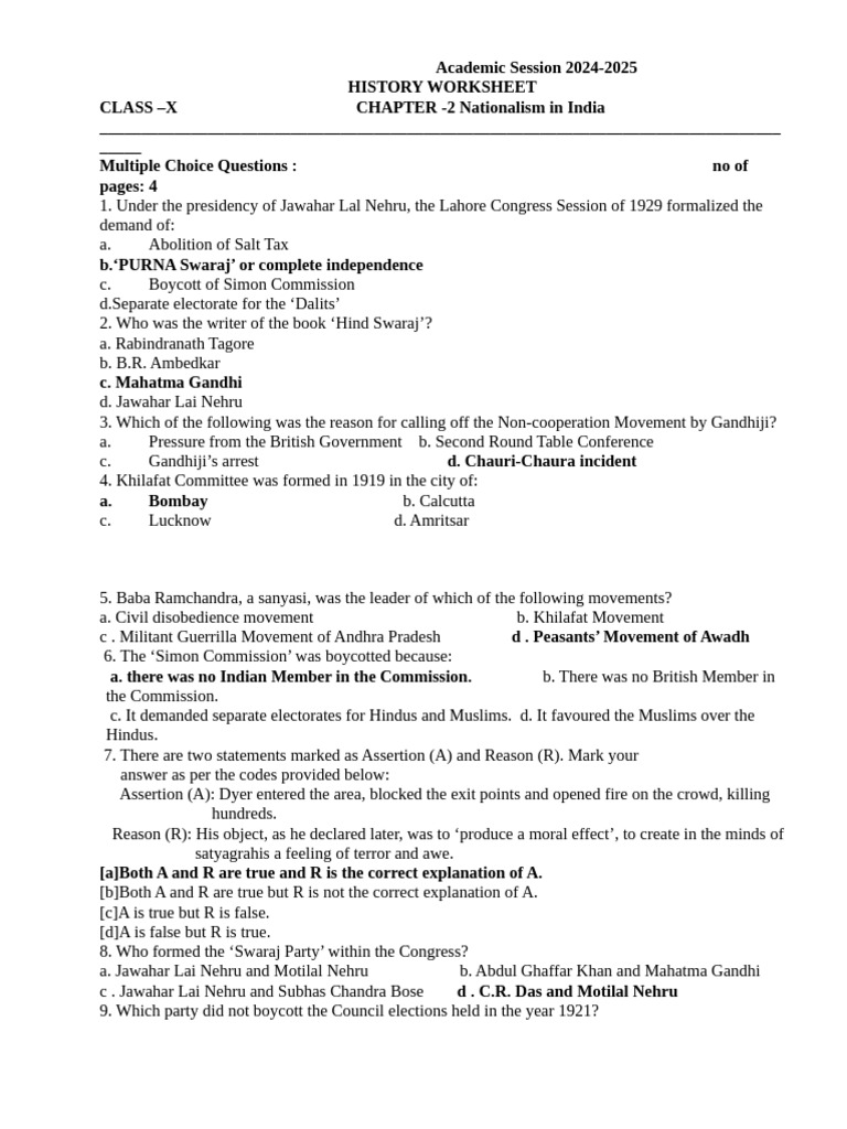 Nationalism in India - Worksheet 1 | PDF | Mahatma Gandhi | Indian ...