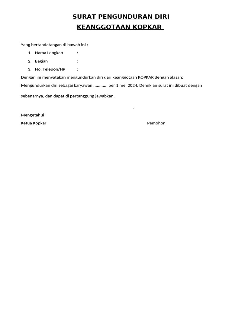 Surat Pengunduran Diri Kopkar | PDF