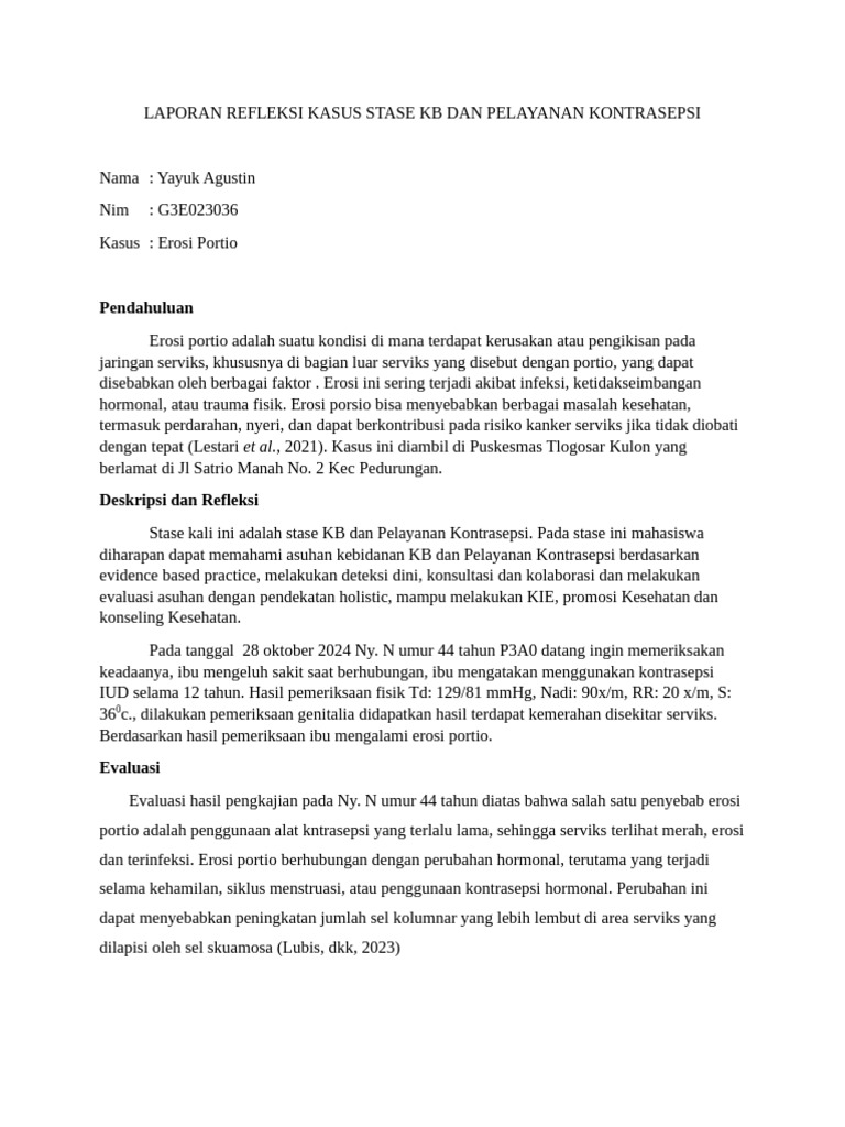 LAPORAN REFLEKSI KASUS STASE KB DAN PELAYANAN KONTRASEPSI | PDF