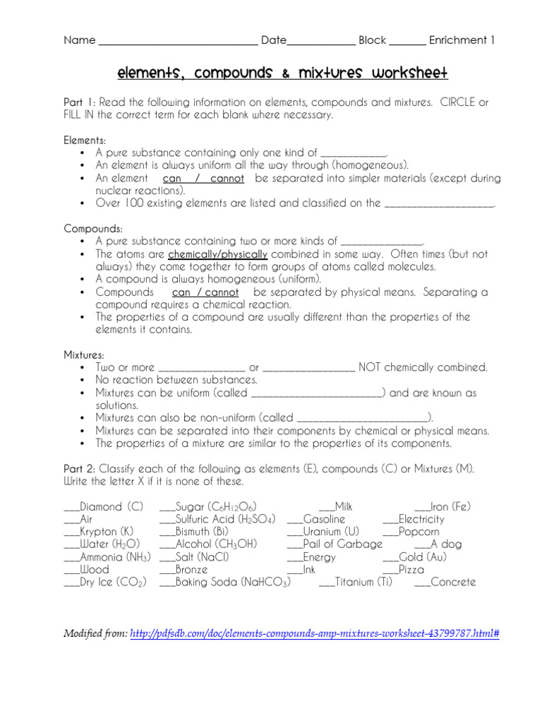 Elements Compounds Mixtures Worksheet Modified - Barton | PDF | Mixture ...