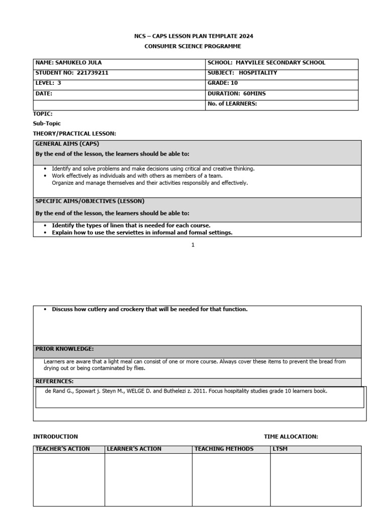 HOSPITALITY 2 LESSON | PDF | Tableware | Teachers