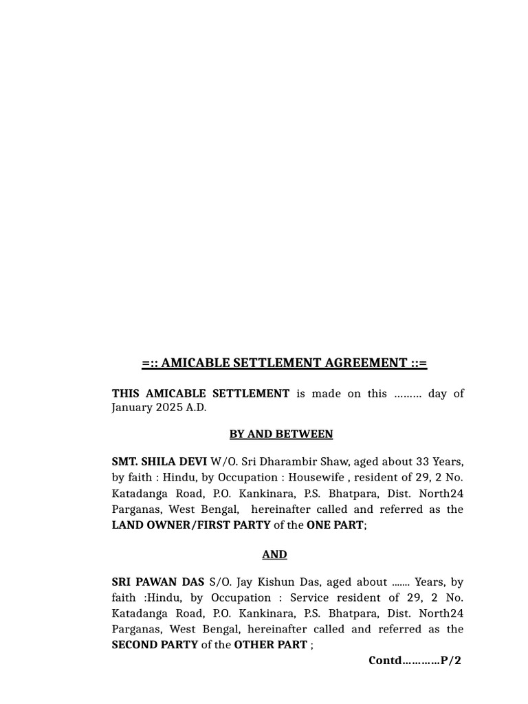 AMICABLE SETTLEMENT AGREEMENT FOR LAND (DHRAMBIR SHAW) | PDF | Common Law | Private Law