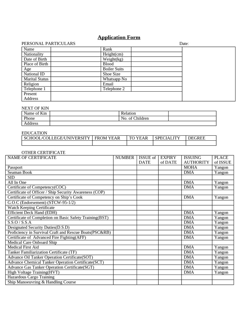 Application Blank Form (New) | PDF | Ships | Water Transport