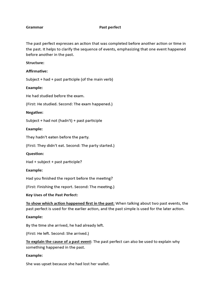 Grammar Past perfect | PDF