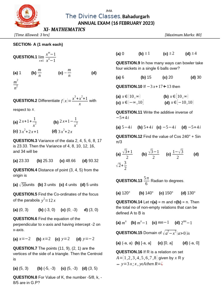 Mathematics Final Exam Class 11th 16-2-2024 | PDF | Geometry | Mathematics