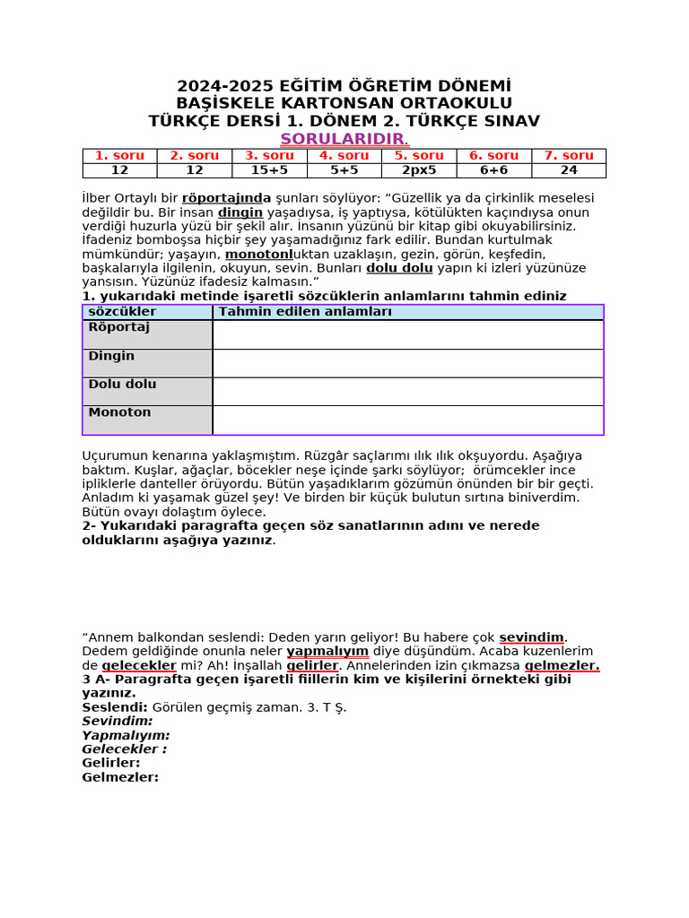 2024 2025 Egitim Ogretim Yili Turkce Dersi 7. Sinif 1. Donem 2. Acik Uclu Sinav Reha ASIK | PDF