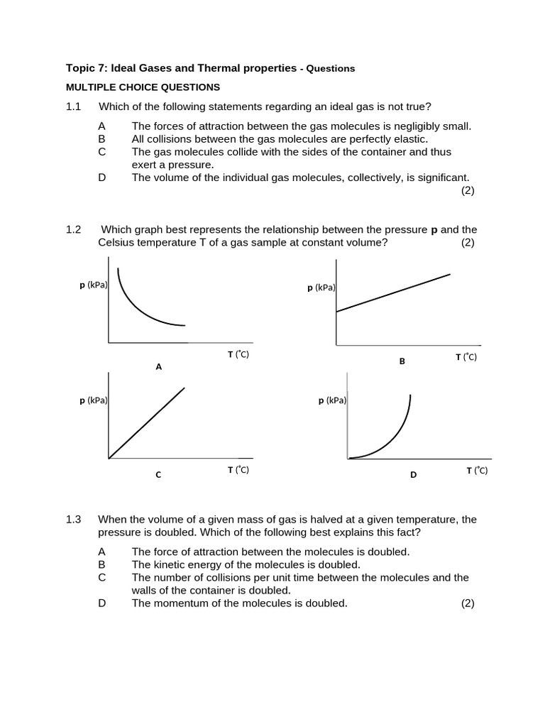 Grade 11 Topic 7 Assessment Questions | PDF | Gases | Pressure