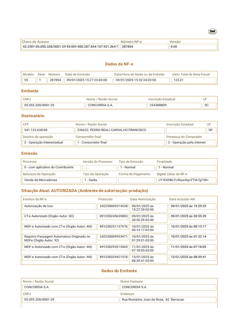 Nota Fiscal Eletrônica 287854 Detalhes | PDF | Recibo | Impostos
