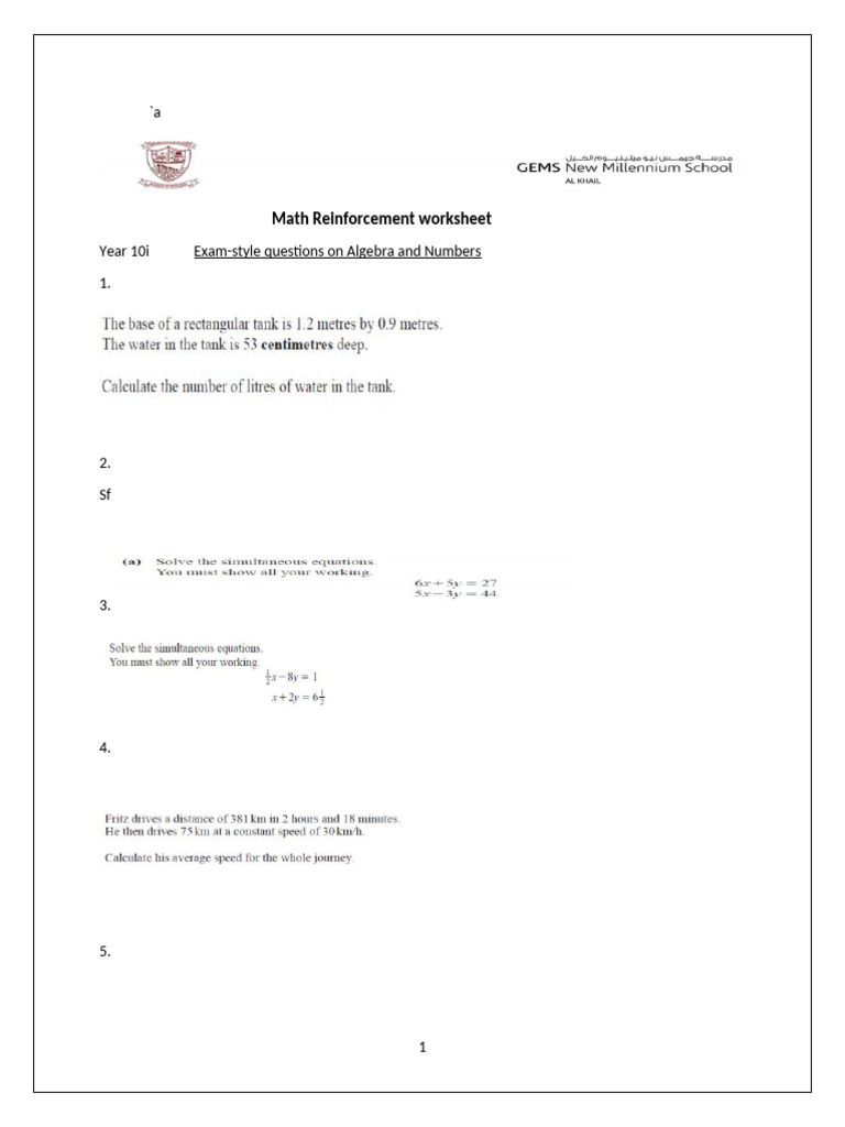 10i Math Reinforcement Worksheet | PDF
