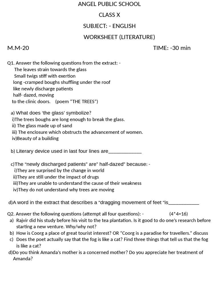 ANGEL PUBLIC SCHOOL Class 10 Grammar Worksheet Literature | PDF