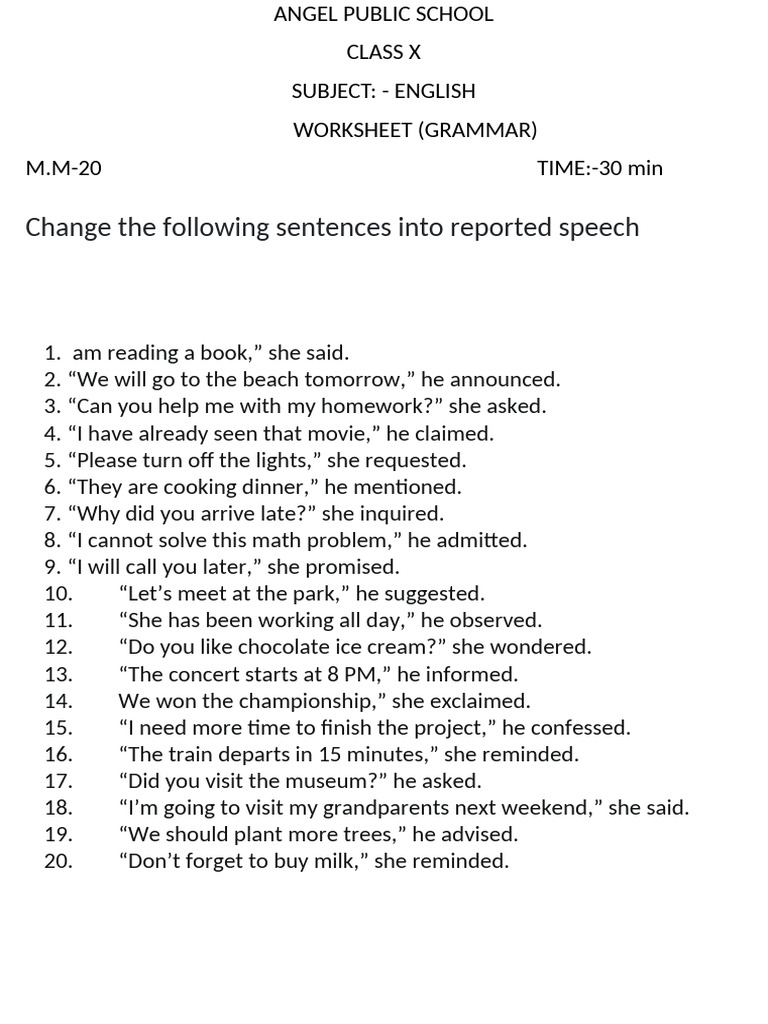 ANGEL PUBLIC SCHOOL Class 10 Grammar Worksheet Reported Sheet | PDF