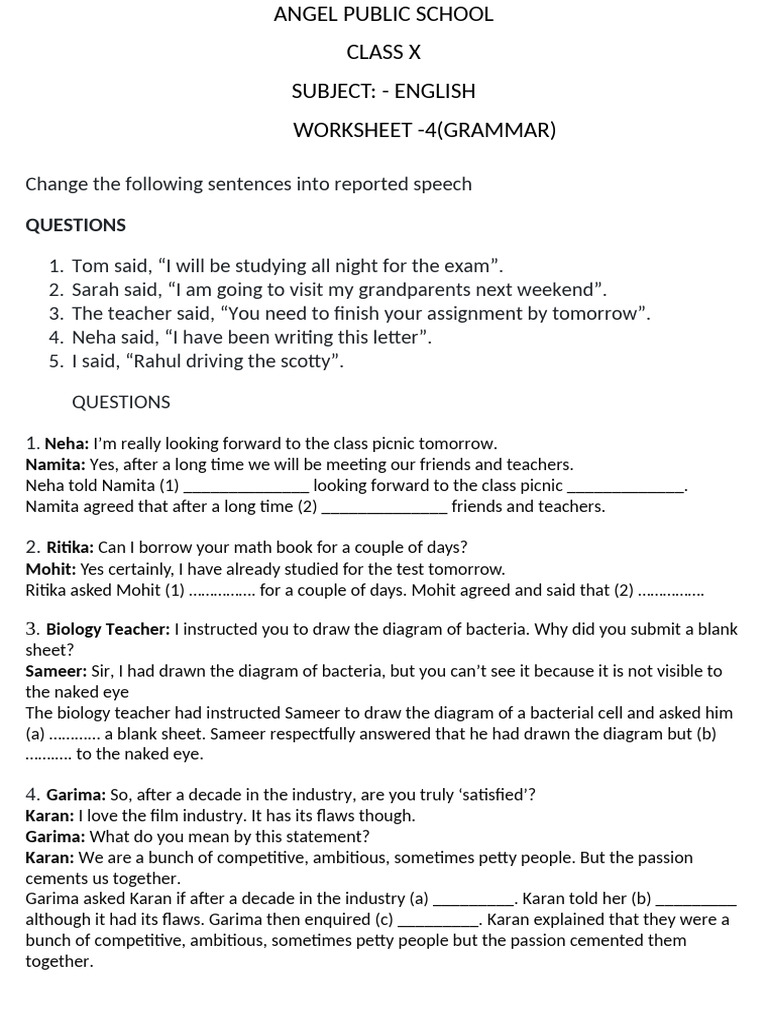 Angel Public School Class 10 Grammar W-4 | PDF