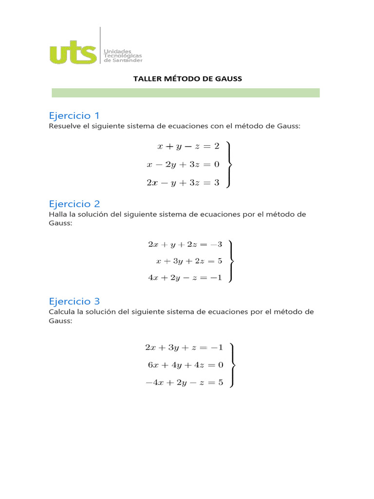Taller de Sistemas: Método de Gauss | PDF