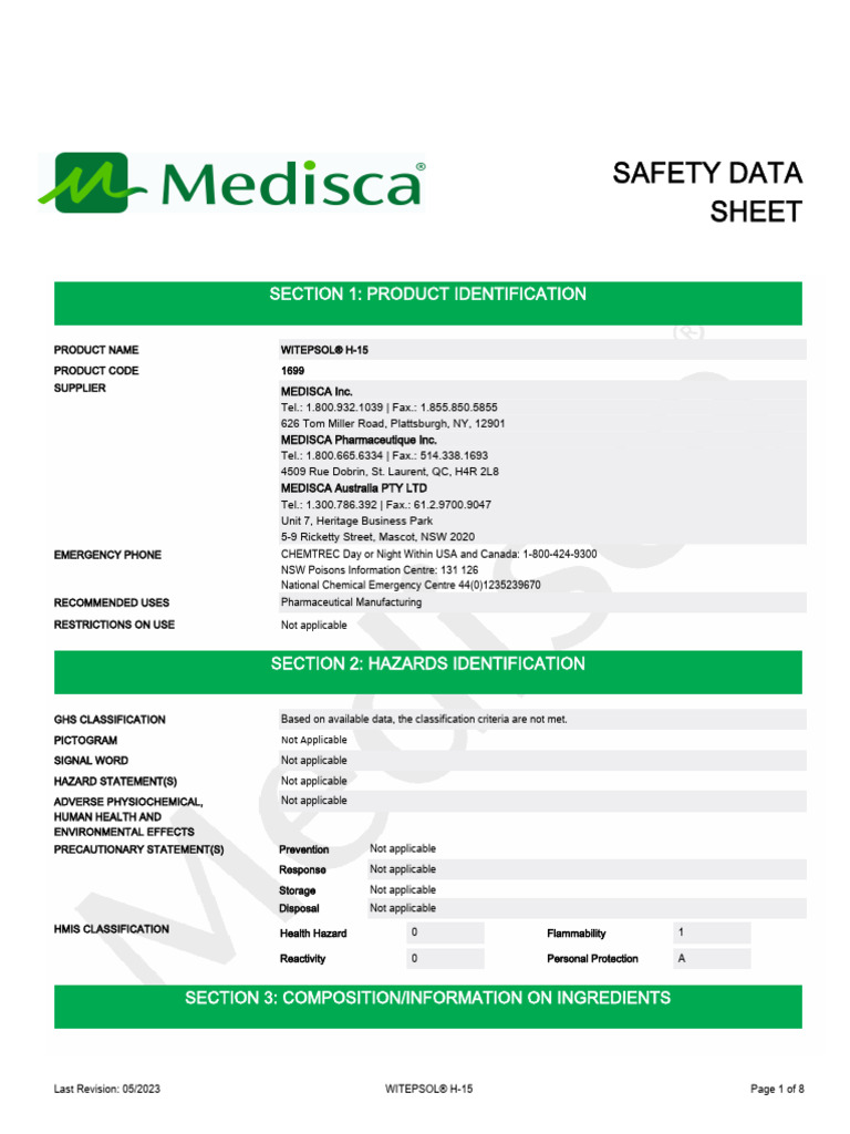 WITEPSOL H-15 Safety Data Sheet | PDF | Toxicity | Personal Protective ...
