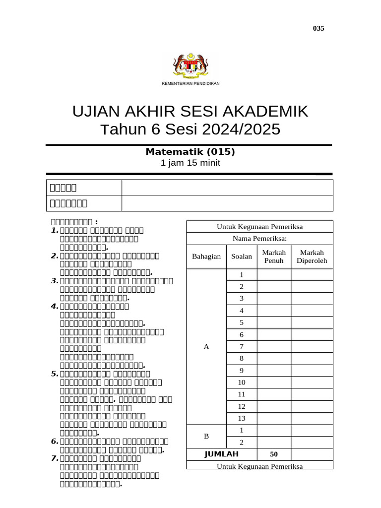 Uasa MT Tahun 6 2024 | PDF