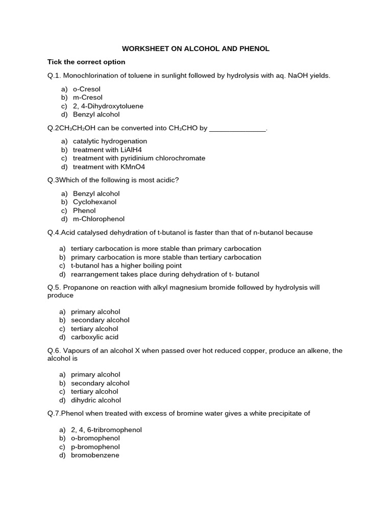 Worksheet Alcohol and Phenol | PDF | Ether | Chemical Compounds