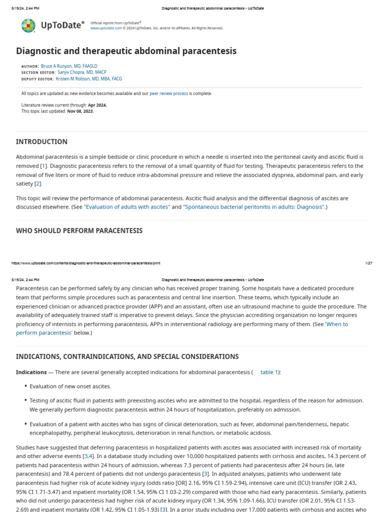 Diagnostic and Therapeutic Abdominal Paracentesis - UpToDate | PDF ...