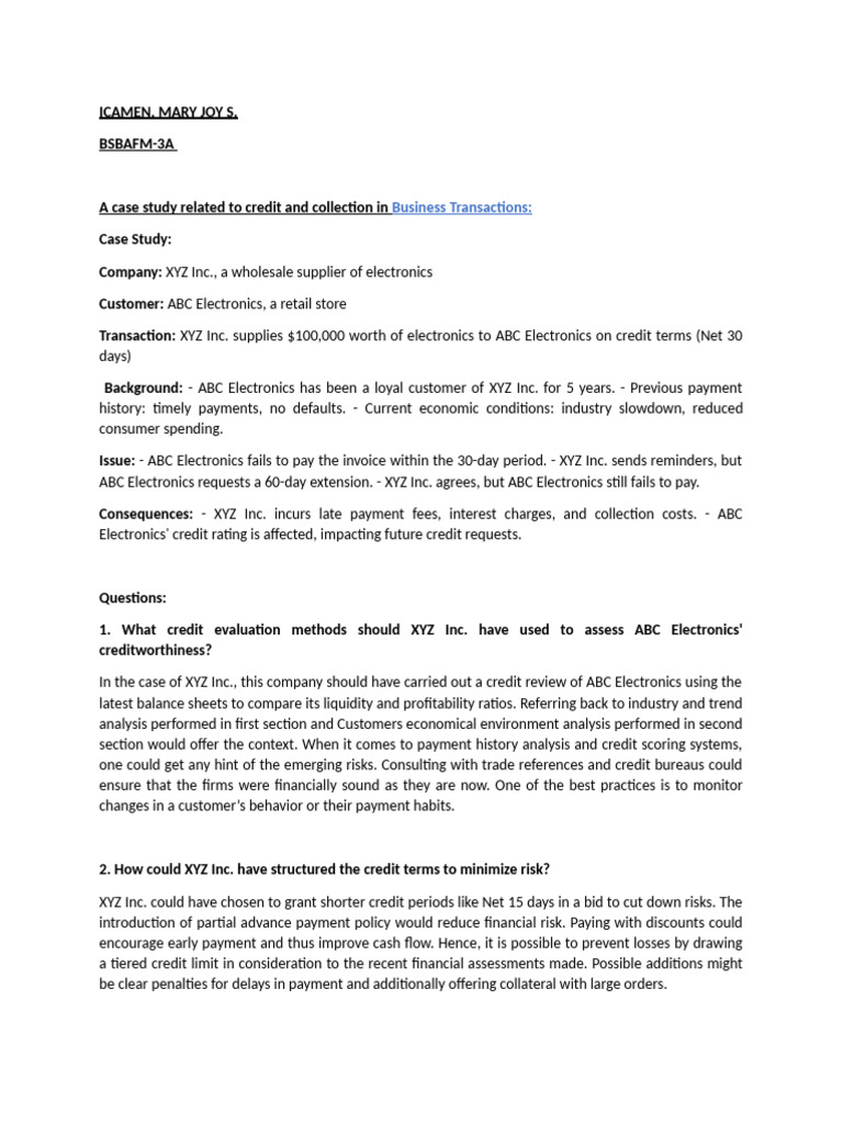 Credit Management Case Study: XYZ Inc. | PDF | Credit | Finance & Money ...