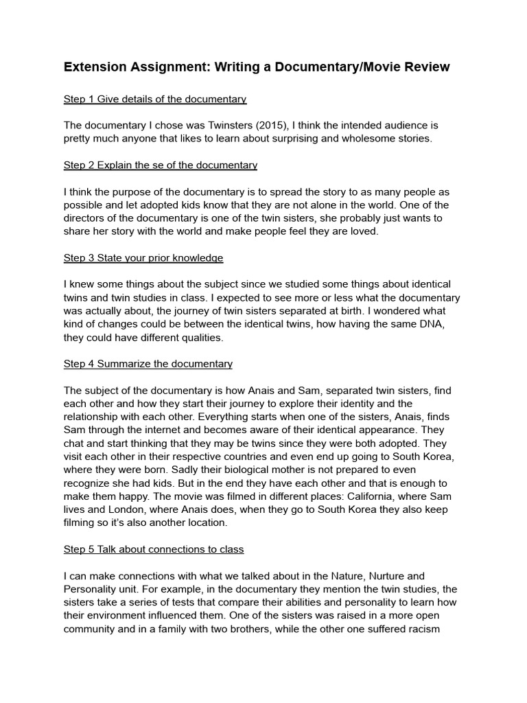 Extension Assignment- Writing a Documentary-Movie Review | PDF