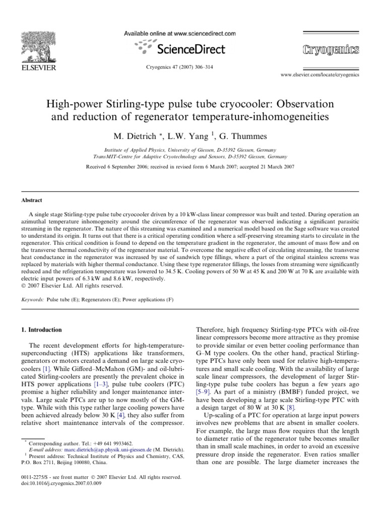 Stirling Pulse Tube Cryocooler Analysis | PDF | Matrix (Mathematics ...
