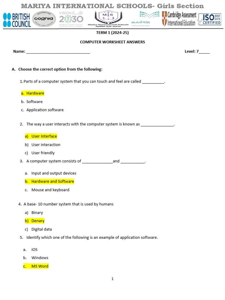 Level 7 Computer Worksheet Answers | PDF | Software | Computer Hardware