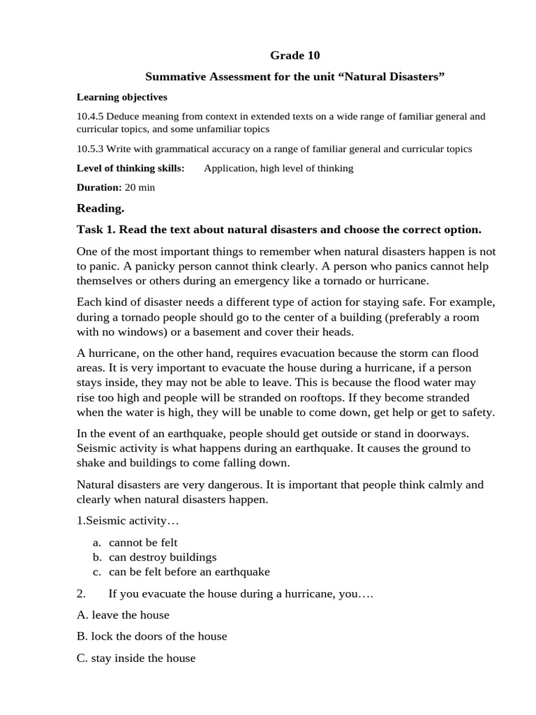 Grade 10 Natural Disasters Assessment | PDF | Natural Disasters ...