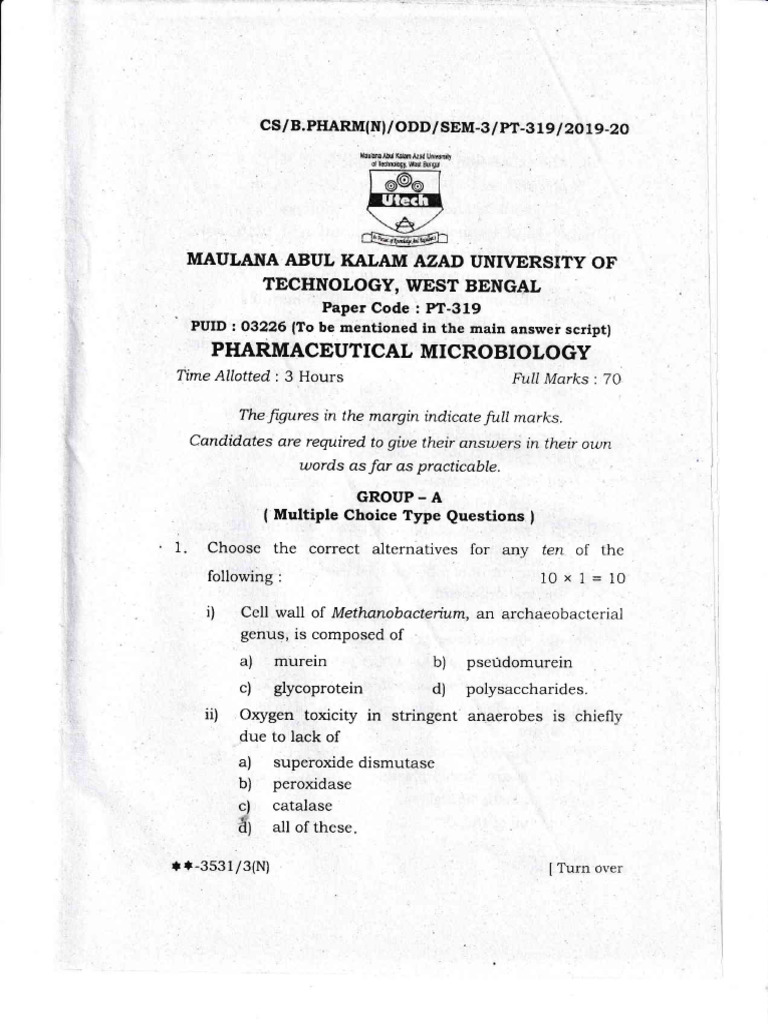 Pharmaceutical Microbiology Exam Paper | PDF | Bacillus | Bacteria