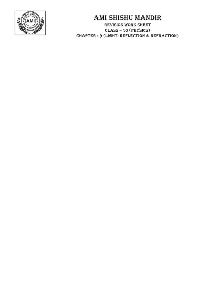 Revision Woksheet Chapter - 9 (Light - Reflection of Light) | PDF ...