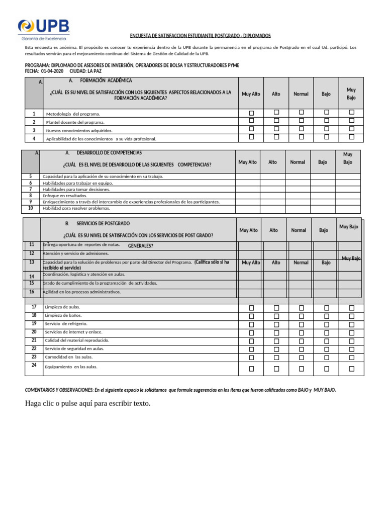 Encuesta Satisfaccion Estudiantil-Diplomados | PDF