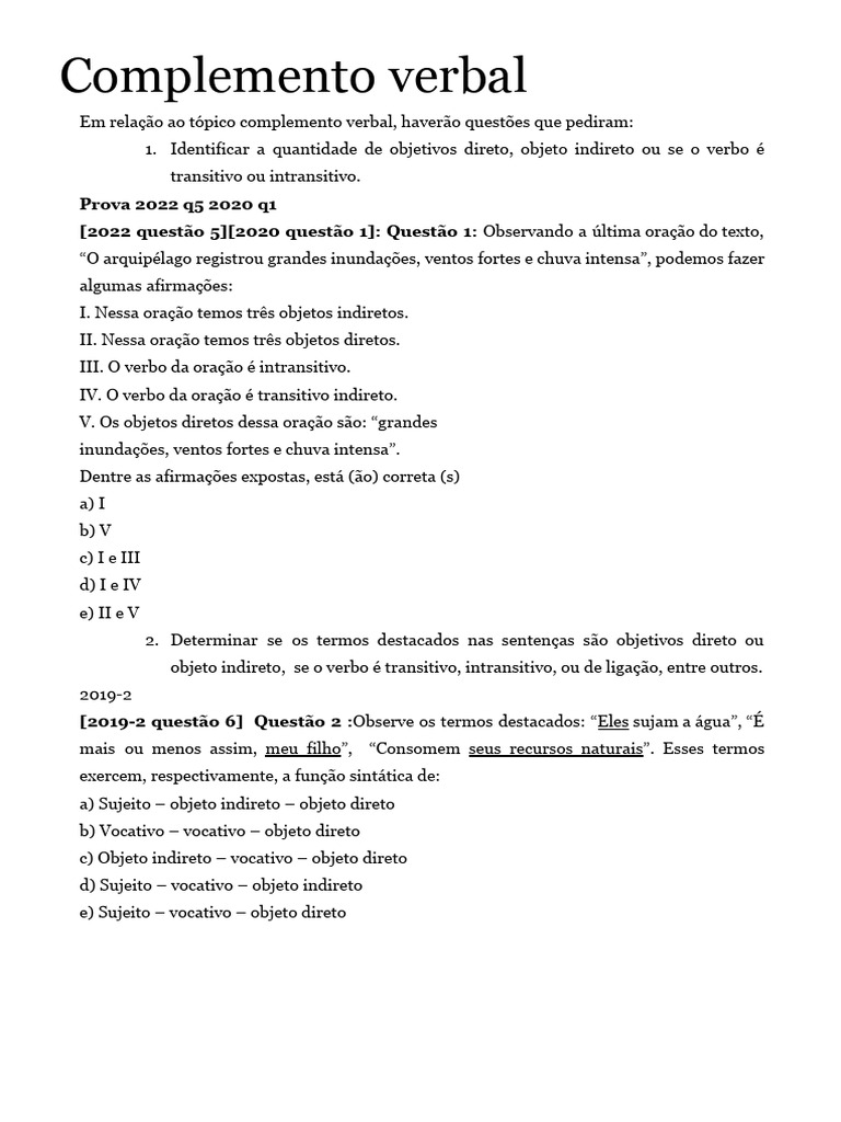 Estudo sobre Complemento Verbal e Verbos | PDF | Assunto (gramática) | Objeto (gramática)