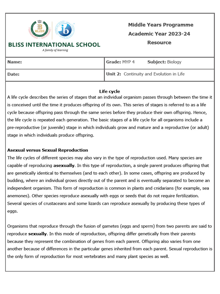 MYP 4 Biology: Life Cycles Explained | PDF | Reproduction | Sexual ...