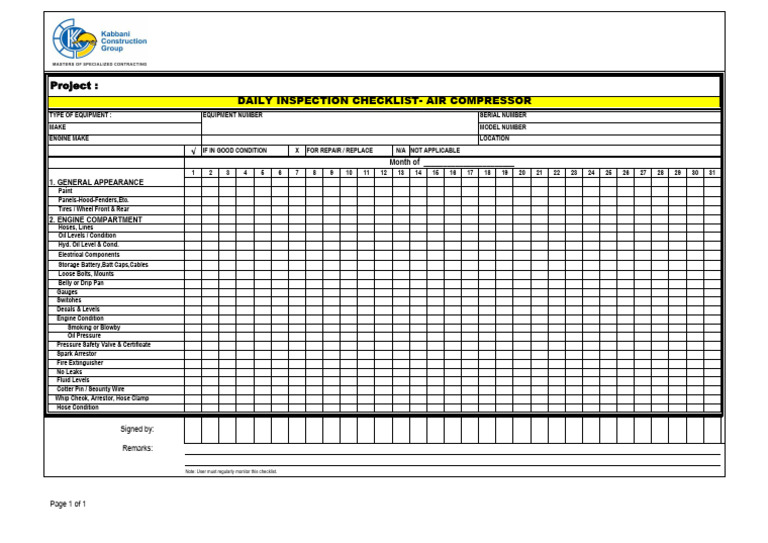 Daily Air Compressor Inspection Checklist | PDF