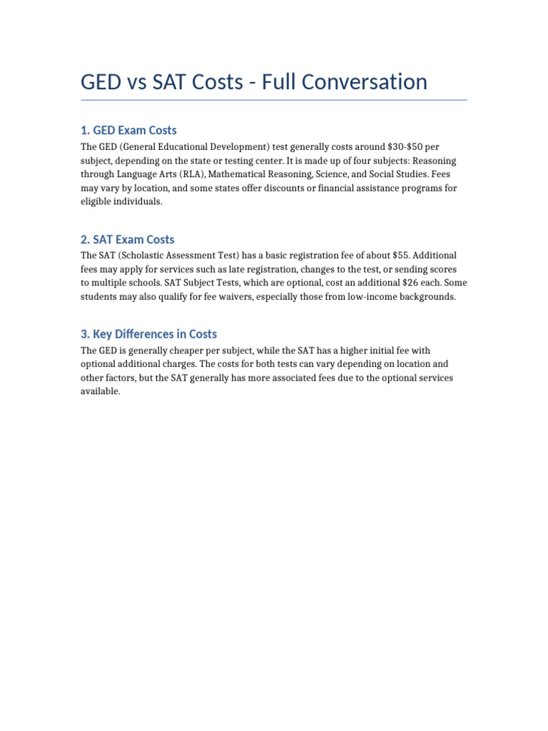 GED vs SAT: Exam Cost Comparison | PDF